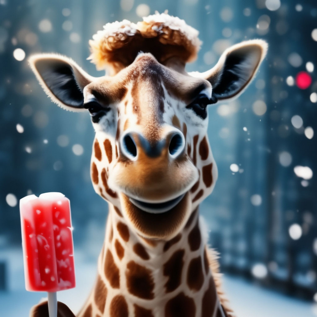 "A joyful giraffe in the snow eating …" — image created in Shedevrum