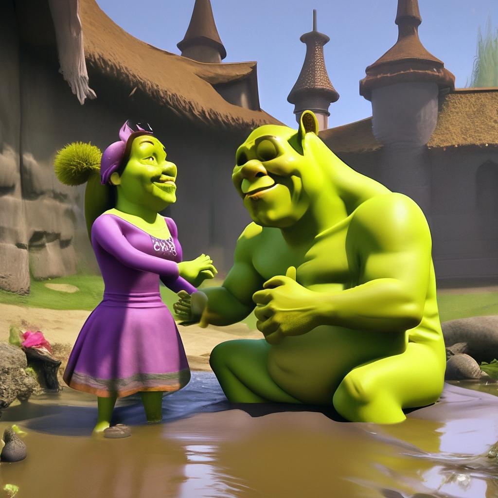"Shrek in the mud bath with Fiona farting" — image created in Shedevrum