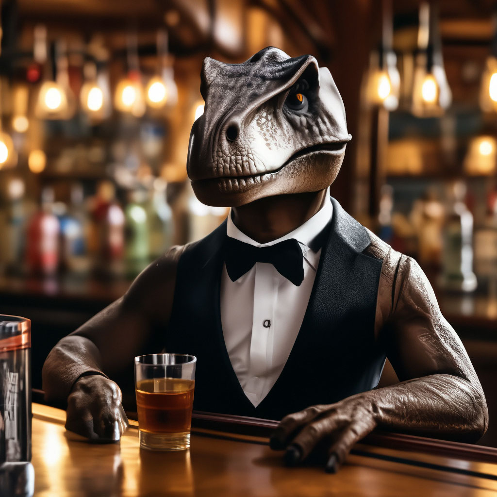 "Dinosaur in formal costume at the bar…" — image created in Shedevrum