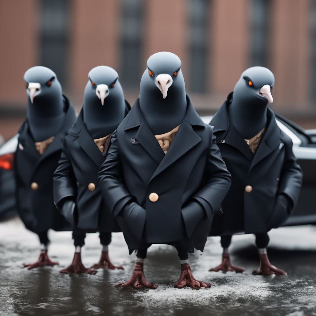 "Pigeon mafia. four pigeons in black …" — image created in Shedevrum