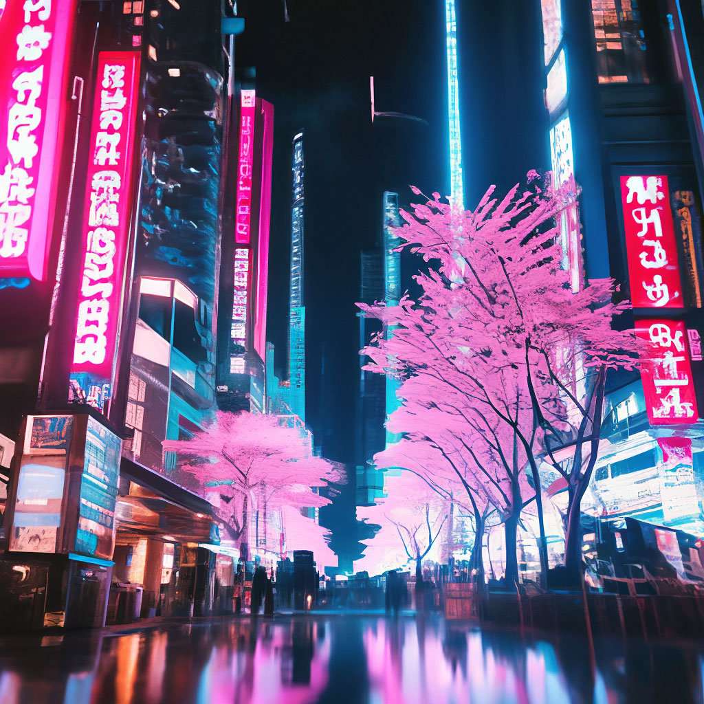 "Cyber aesthetics, skyscrapers neon signs giant neon hologram of sakura ...