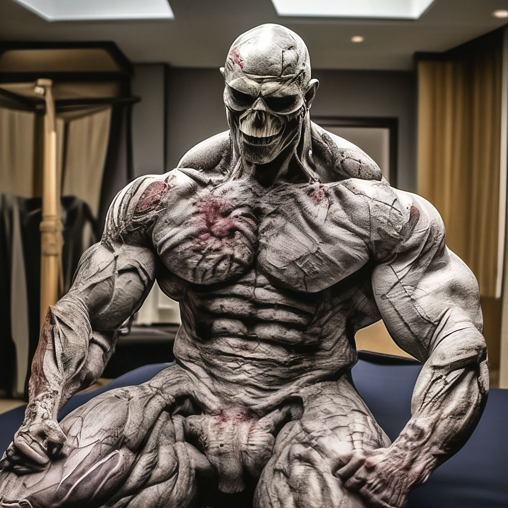 "Zombie bodybuilder in full height …" — image created in Shedevrum