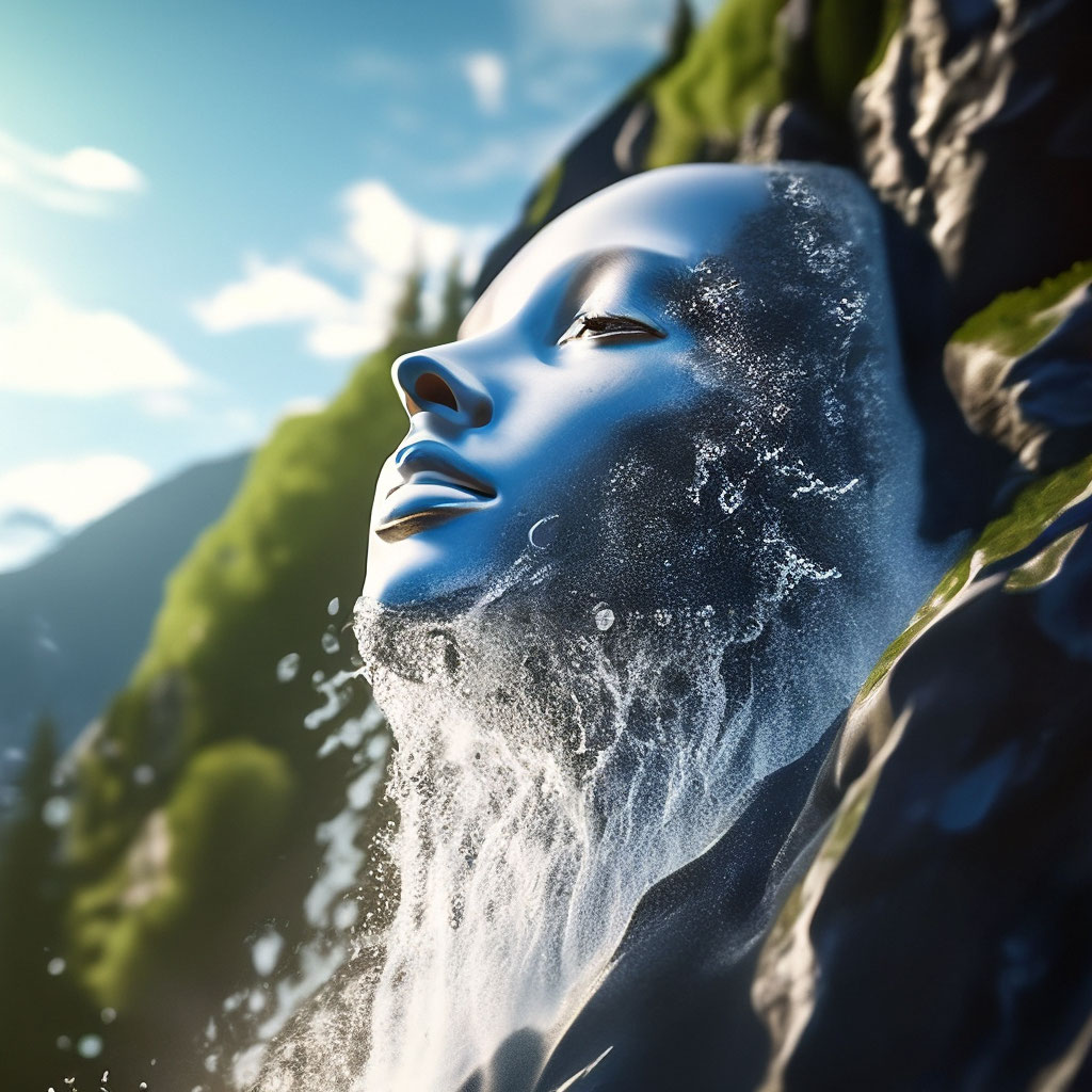 "A face made of transparent splashes …" — image created in Shedevrum