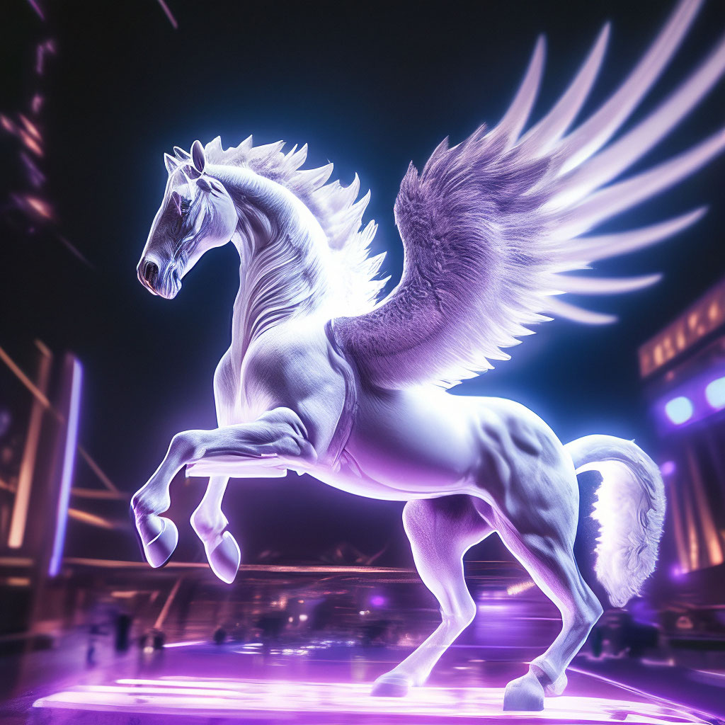 "Big white pegasus stands epic, …" — image created in Shedevrum