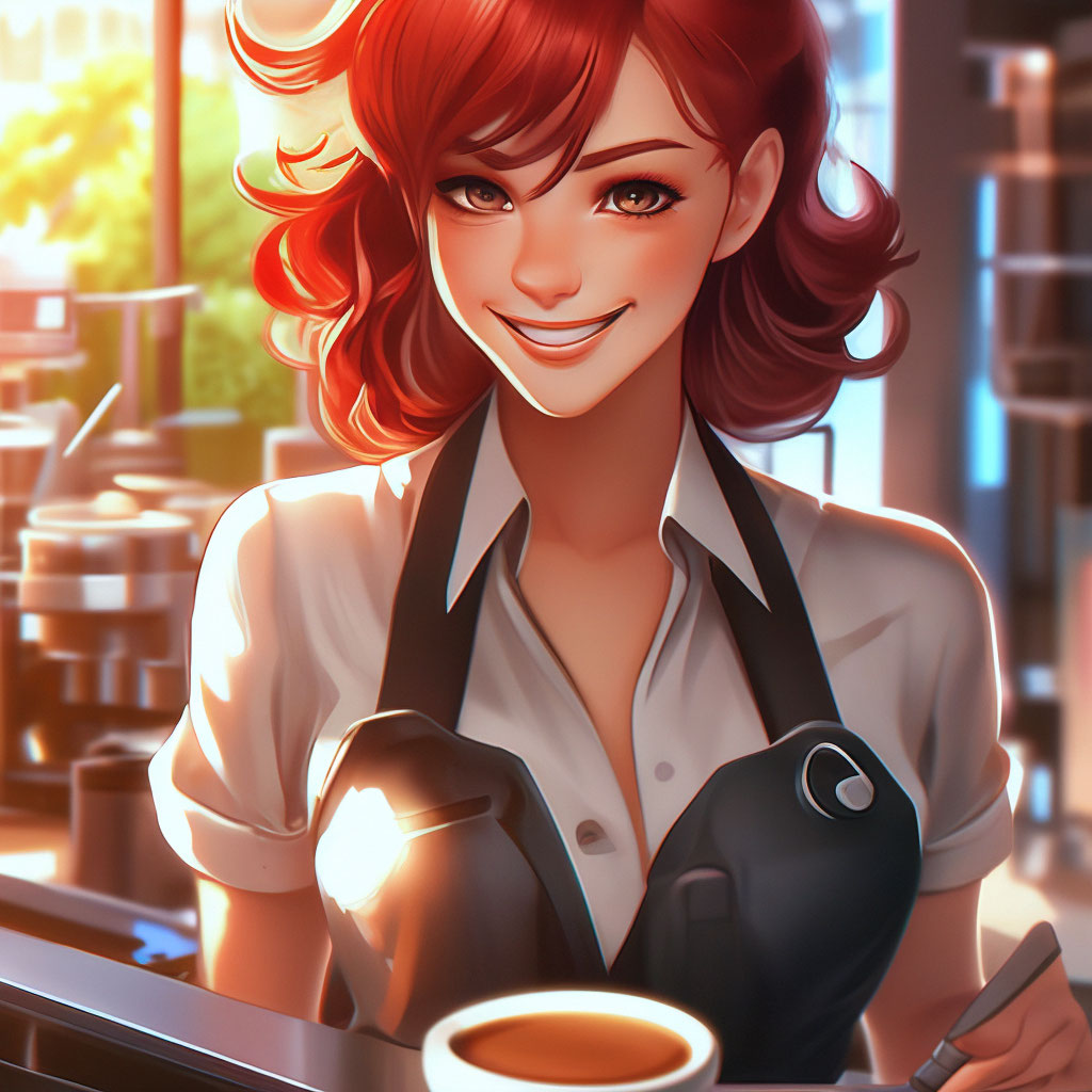 "Beautiful barista girl, brown hair …" — image created in Shedevrum