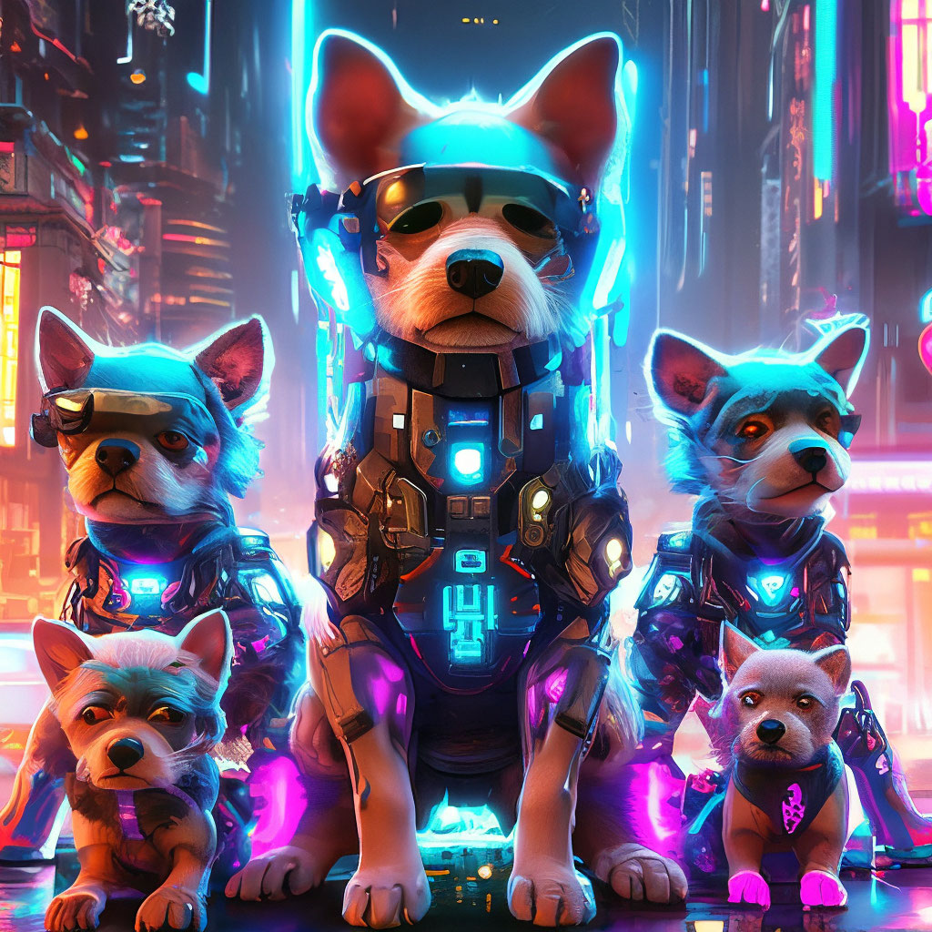 "Cyberpunk dog with puppies and dog" — image created in Shedevrum
