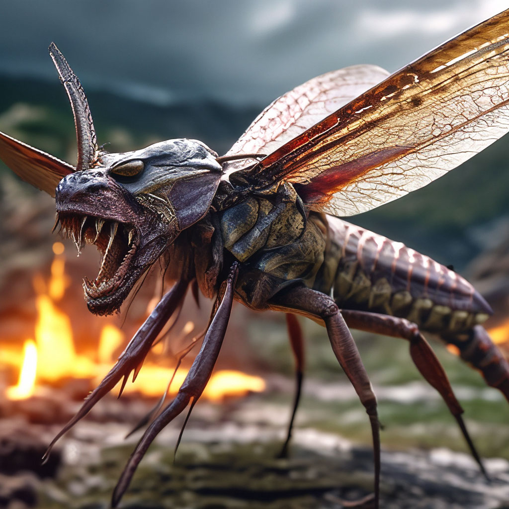 "Prehistoric saber-tooth dragonfly, …" — image created in Shedevrum