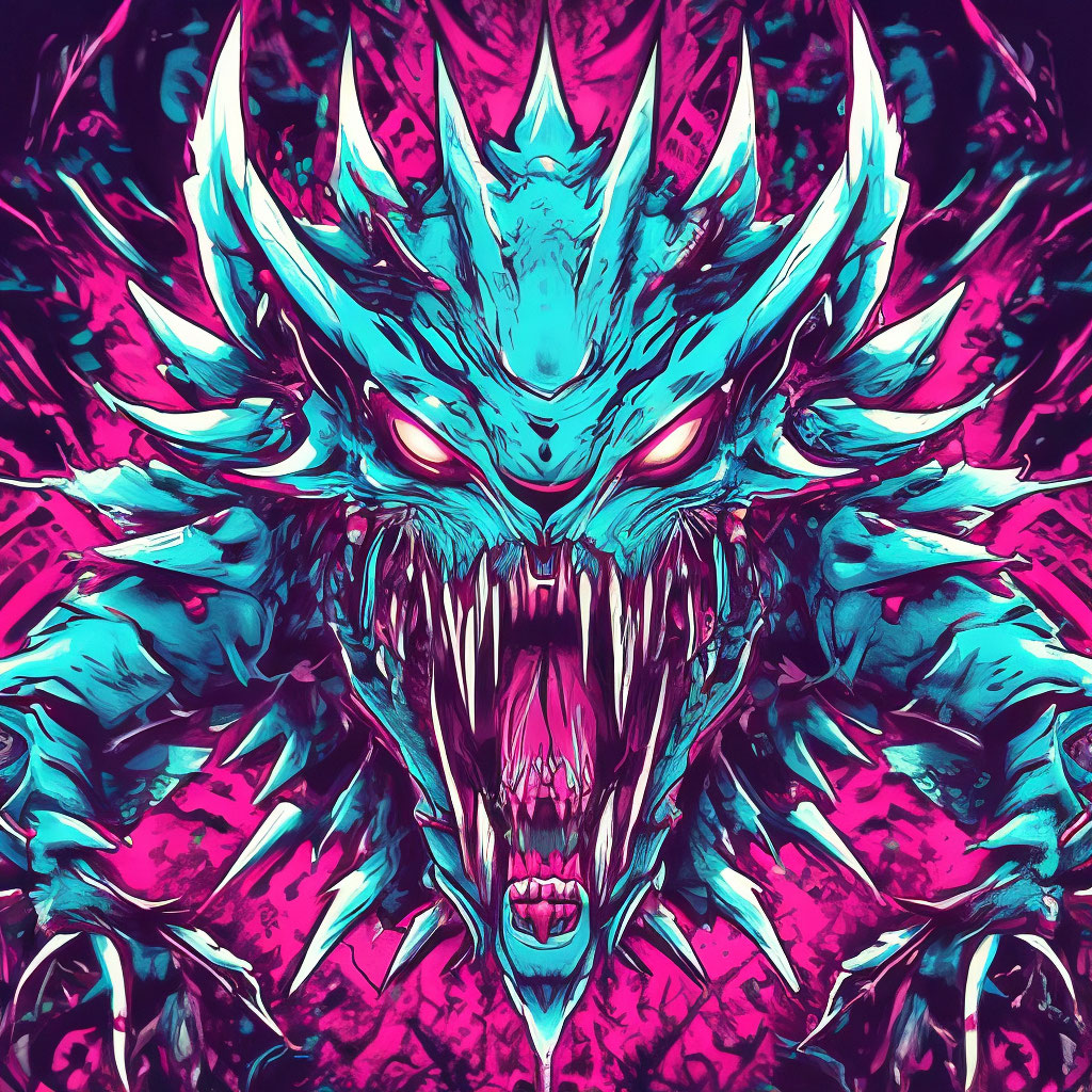 "Hand drawn cyber spiked monster with fangs" — image created in Shedevrum
