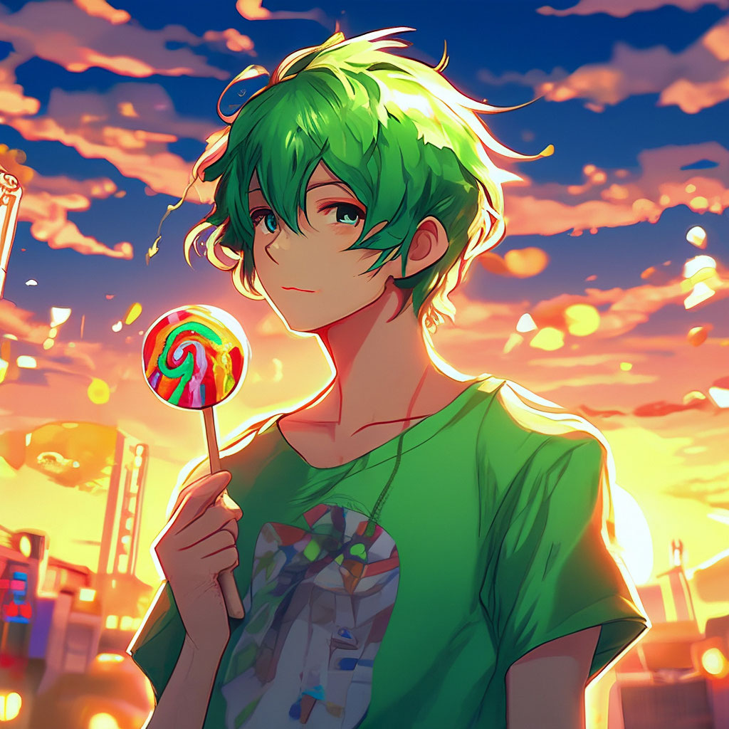 Anime teenager male green hair