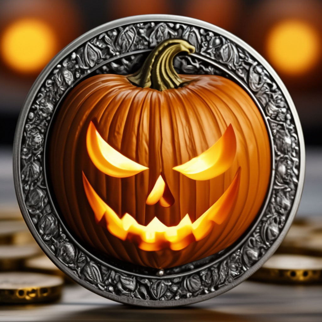 "Epic halloween pumpkin coin, filigree…" — image created in Shedevrum