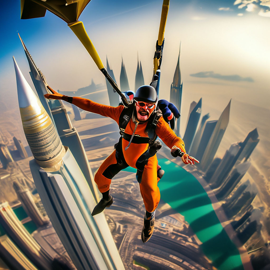 "With a parachute from Burj Khaliff!.." — image created in Shedevrum