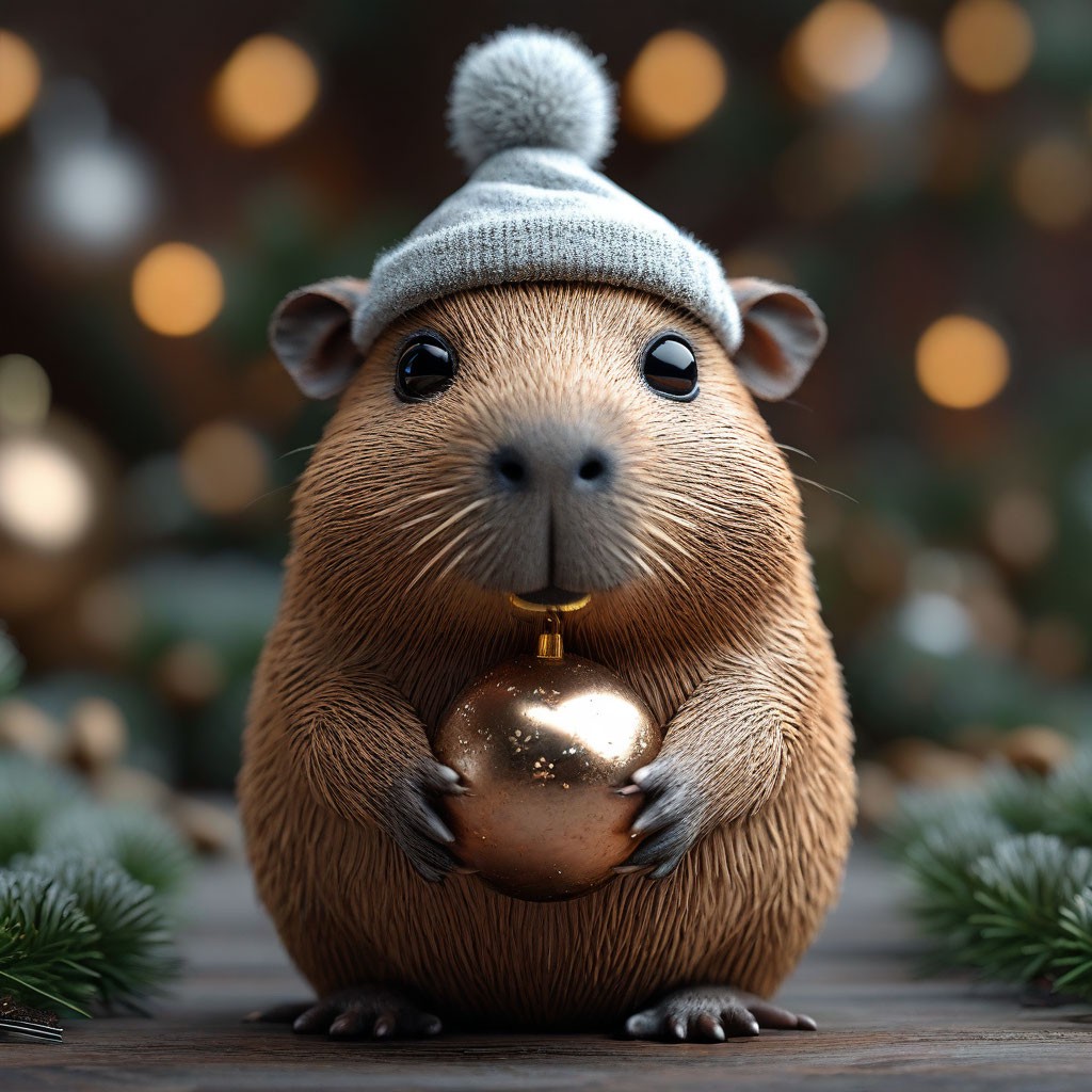 "A small capybara in a New Year's cap made of silver in the hands of a ...