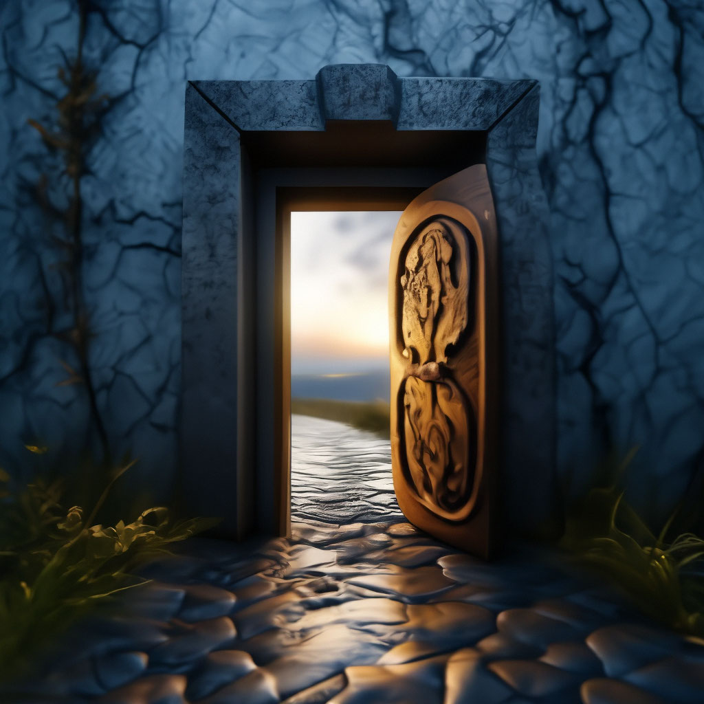 "Draw a magic door leading to another …" — image created in Shedevrum