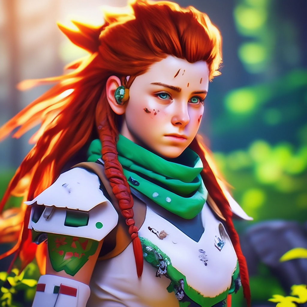 "Aloy from Horizon Zero Dawn in anime style with big green eyes, red ...