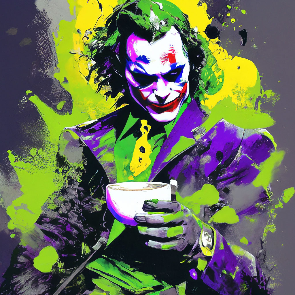 "Joker with cup of coffee, strong …" — image created in Shedevrum