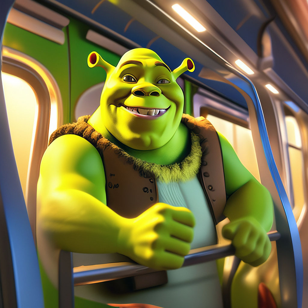 «Шрек едет на поезде обратно домой, …» — картинка создана в Шедевруме