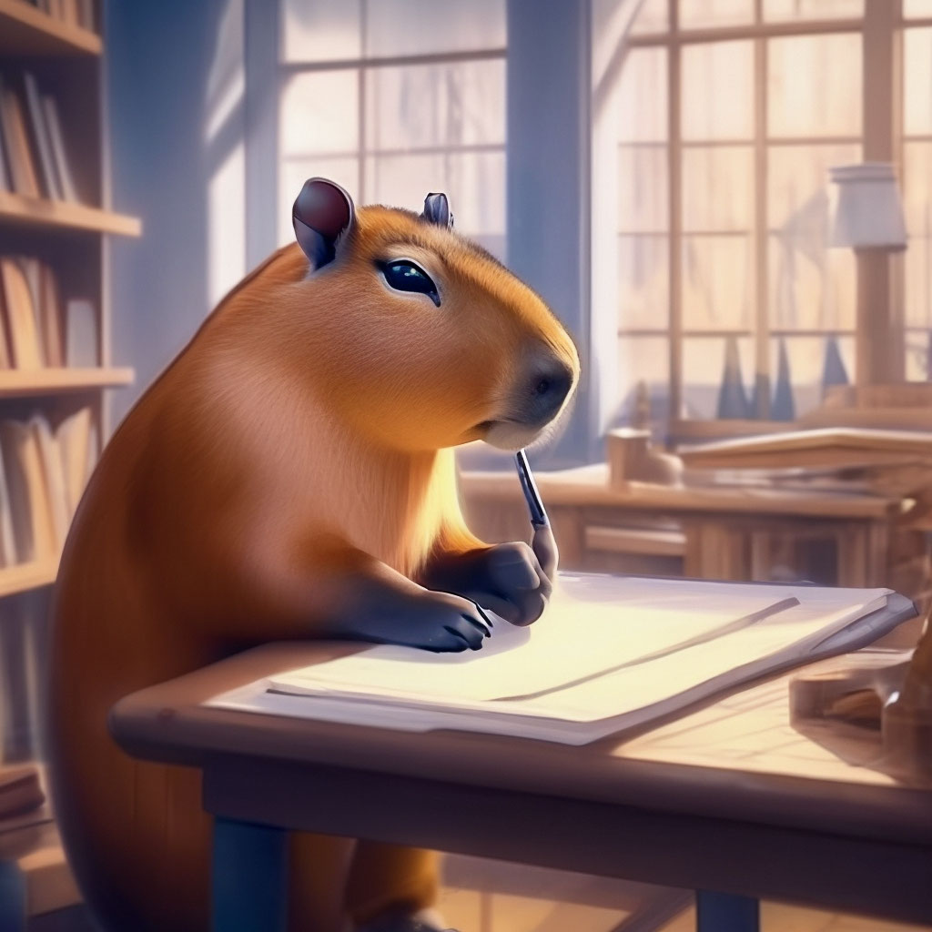 "Capybara is sitting at a desk, with a…" — image created in Shedevrum
