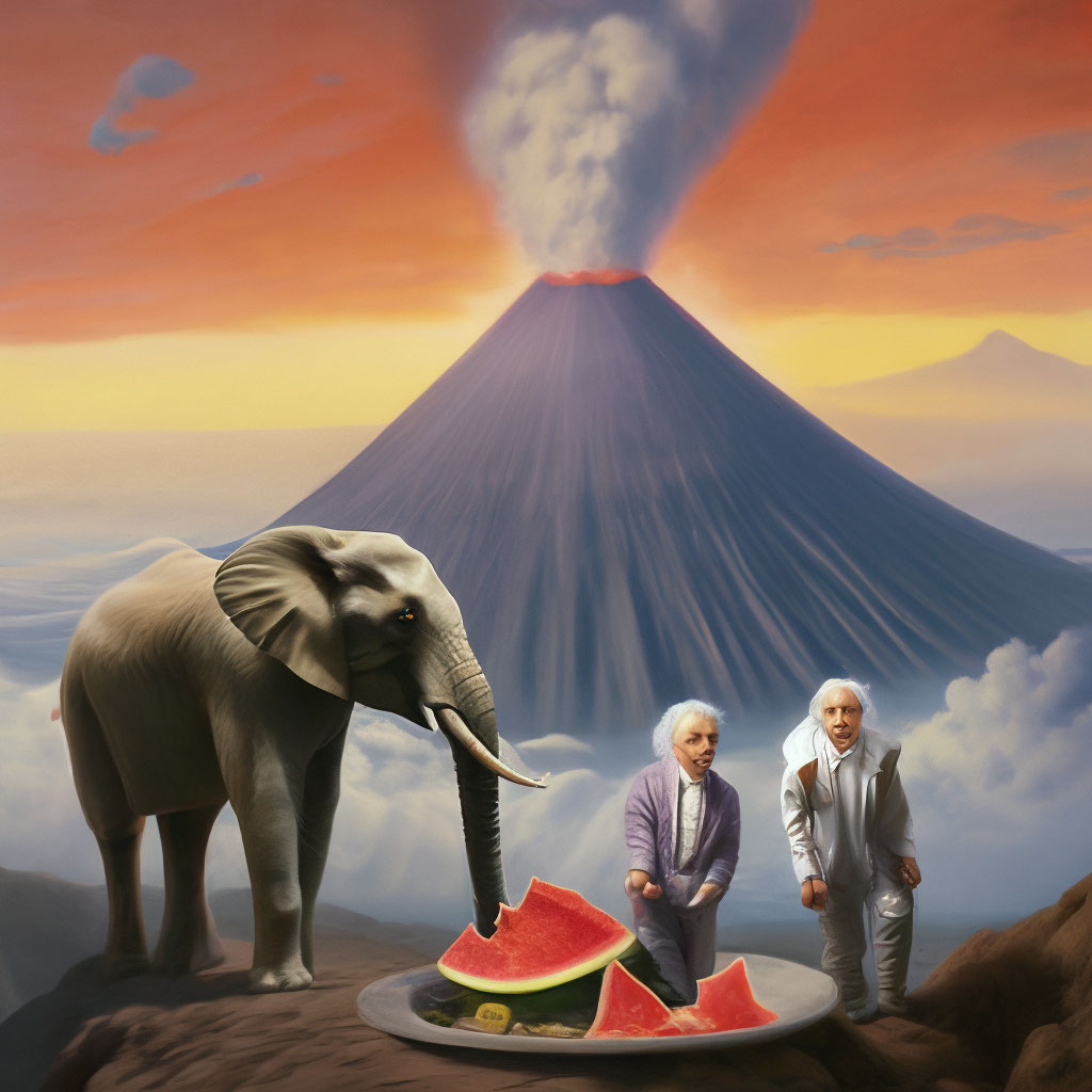 "Elefante comiendo sandía con Albert Einstein en el fondo de un volcán ...