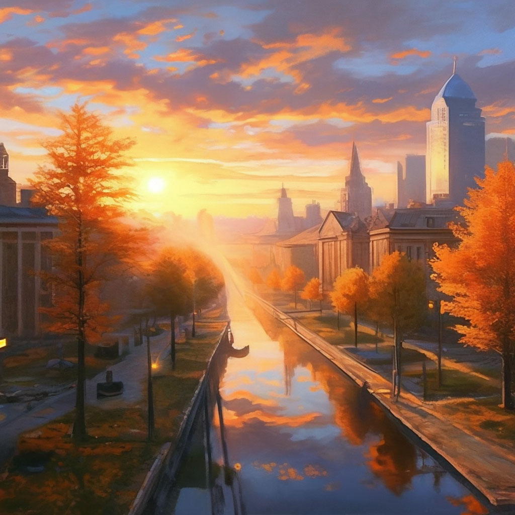 "Early morning in the city, sunrise, …" — image created in Shedevrum
