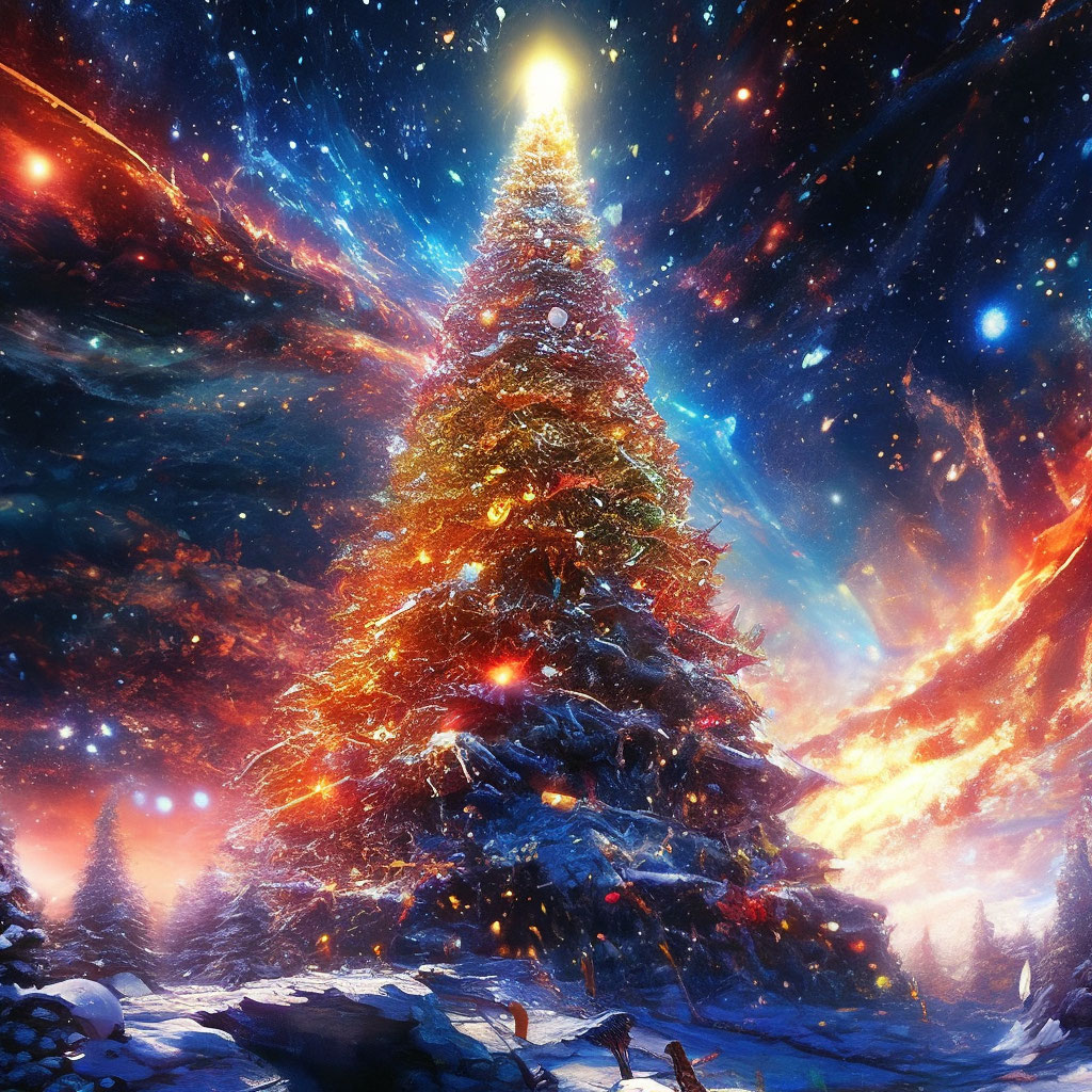"Full-length image of a Christmas tree, colors of the galactic nebula ...