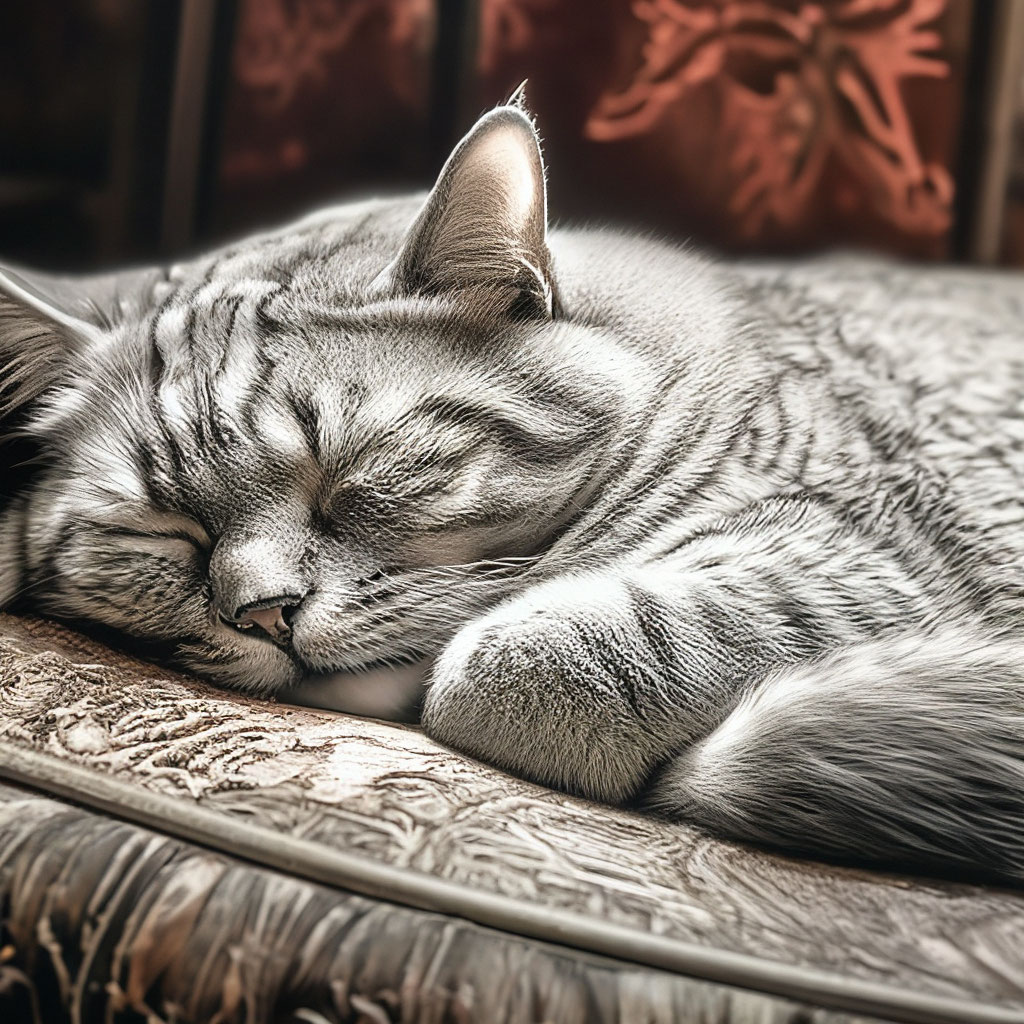 "Engraving,etching,fat cat sleeping on…" — image created in Shedevrum