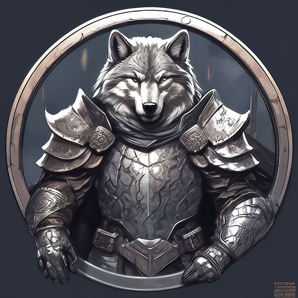 "Draw a wolf in armor, round avatar hyperrealism, digital art, vector ...