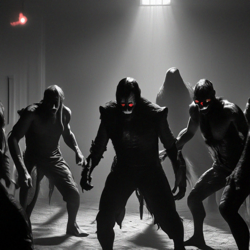 "Black and white film: Ghouls vs …" — image created in Shedevrum