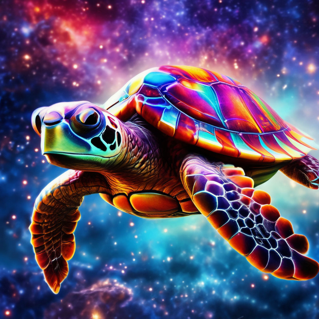 "Neon rainbow turtle flying through a …" — image created in Shedevrum