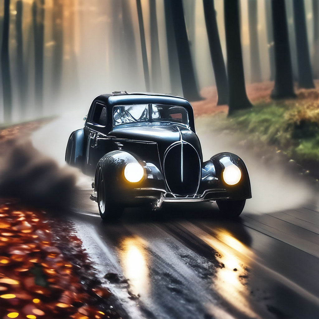 "Gloomy gothic car race through autumn…" — imagen creada en Shedevrum