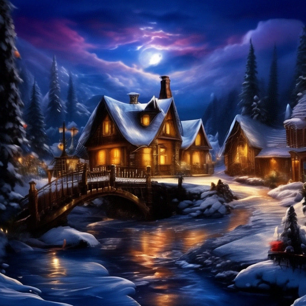 " charming fairy tale village, snow-covered decorated Christmas trees ...