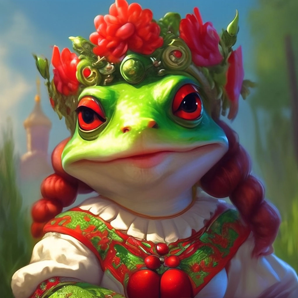 "Anthropomorphic green toad, red kokoshnik gzhel,braids,beautiful bust,…" — image created in ...
