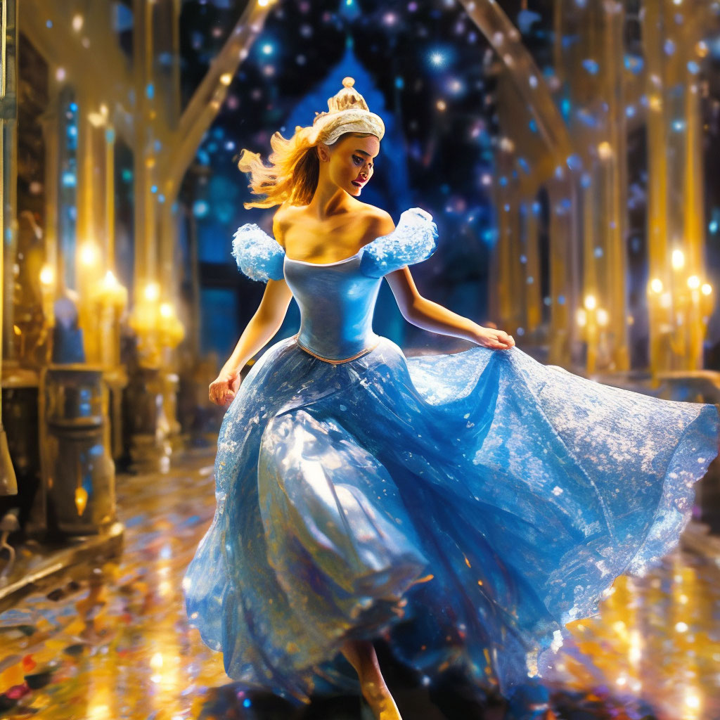 "Cinderella running away from the ball in a magnificent shimmering ...