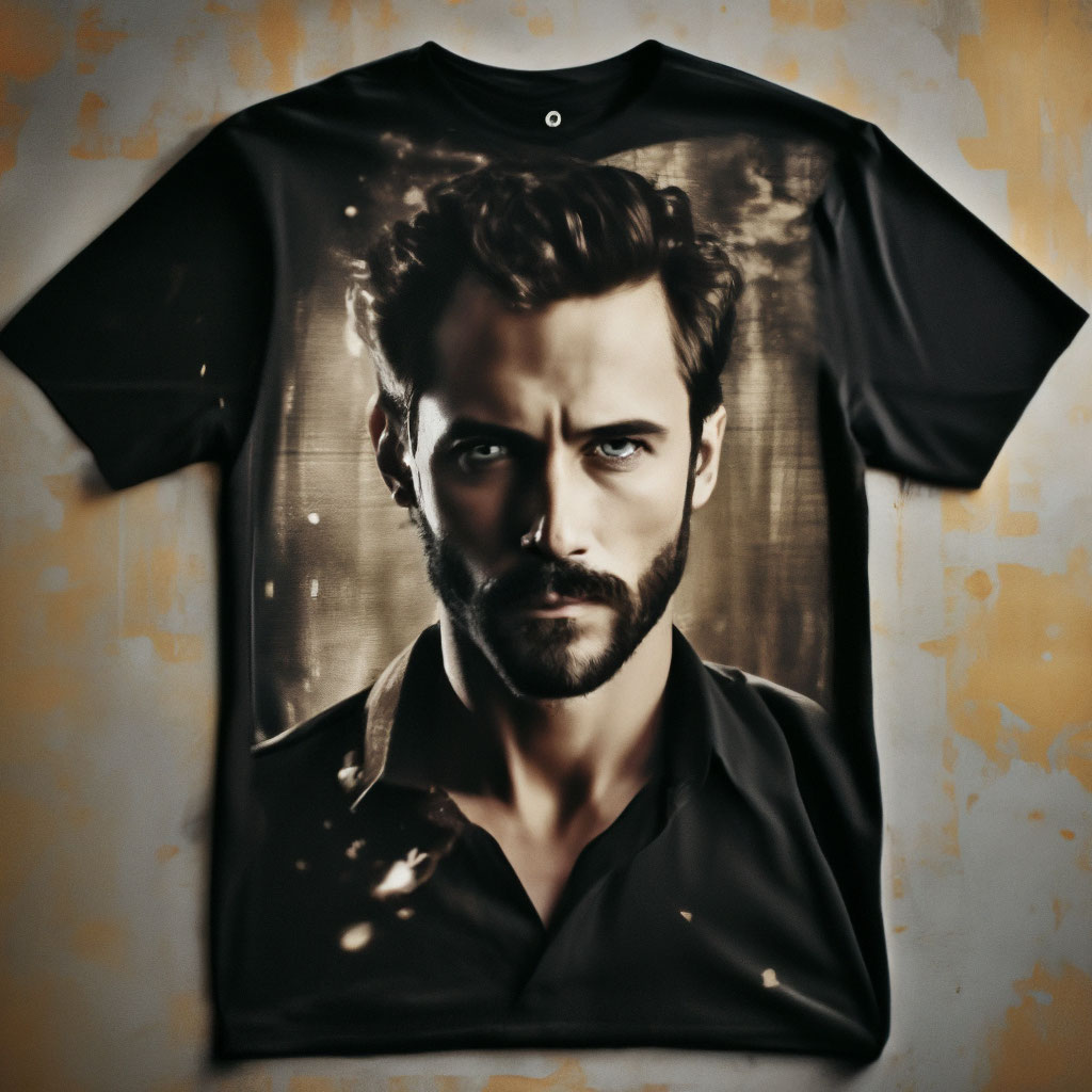 "The best actor as a t-shirt print" — image created in Shedevrum