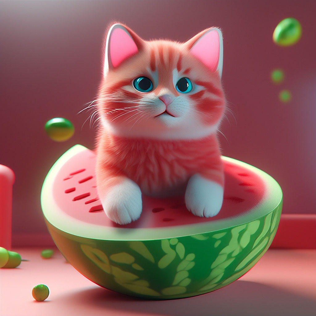 "Watermelon cat" — image created in Shedevrum