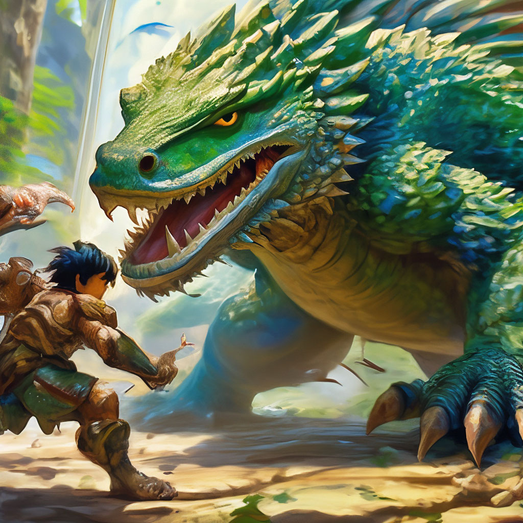 "Miyazaki drawing, huge lizard, …" — image created in Shedevrum