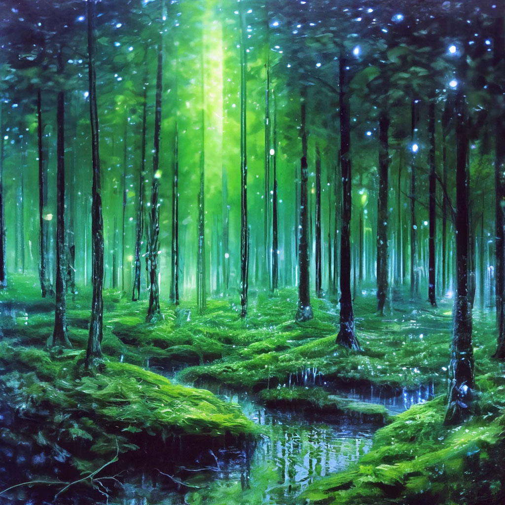 "Night forest, green crystal, high …" — image created in Shedevrum