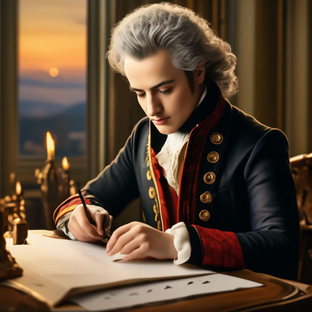 "Mozart is sitting at a table writing …" — image created in Shedevrum