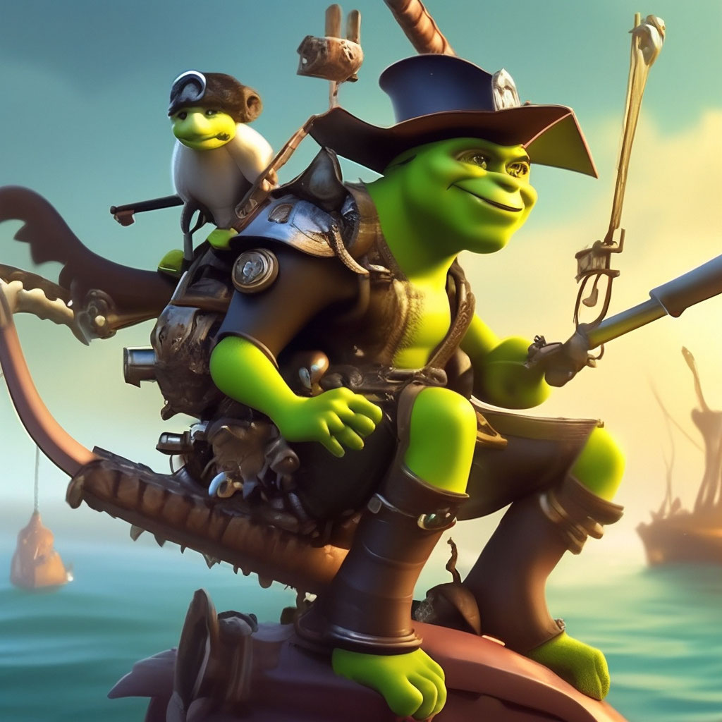 "Little Shrek sits on the shoulder of …" — image created in Shedevrum