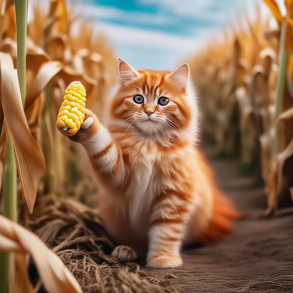 "Cute red fluffy cat, holding corn in his paws, against the background ...