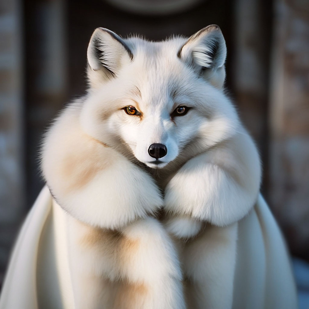 "A white arctic fox in a fox fur coat" — image created in Shedevrum
