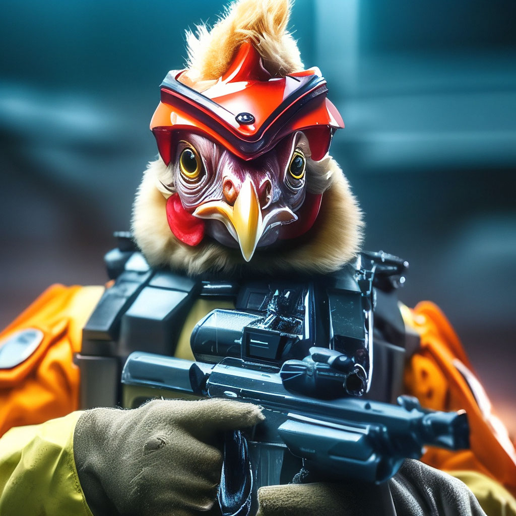 "Chicken in a bulletproof vest,thriller, science fiction, gun,helmet ...