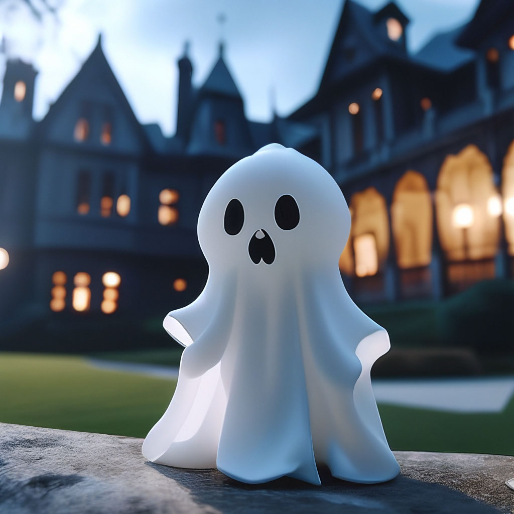 "Cute ghost, on the background of a mansion, aesthetically pleasing ...