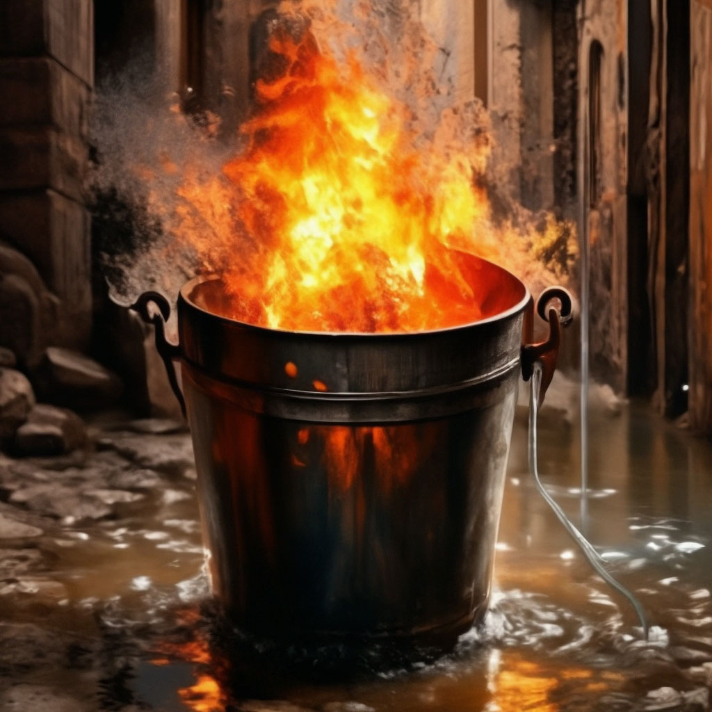 "A bucket of water and a flame will break out realistic, masterpiece ...