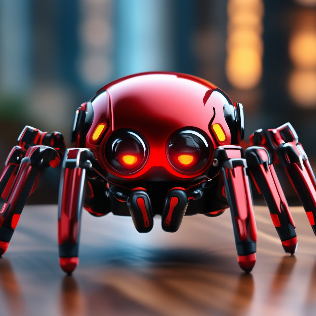 "Cute spider robot glowing red" — image created in Shedevrum