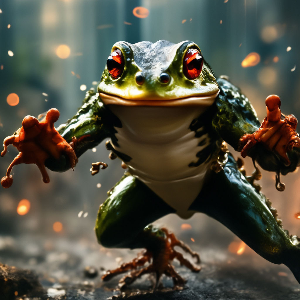 "The fighting frog is attacking" — image created in Shedevrum