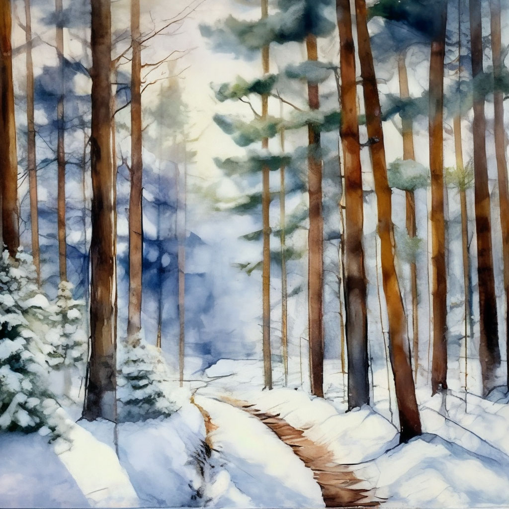 "Snow-covered pine forest, watercolor …" — image created in Shedevrum