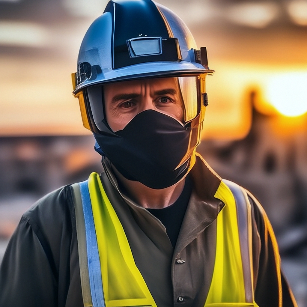 "A builder in a helmet and reflective …" — image created in Shedevrum