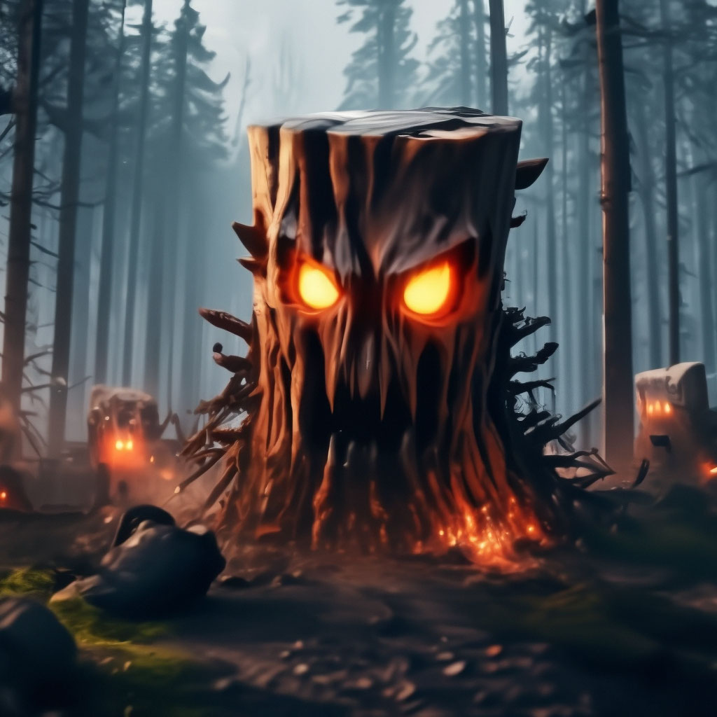 "A hundred angry stumps are rushing …" — image created in Shedevrum