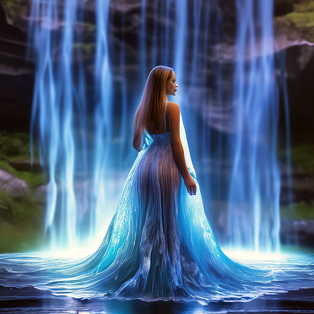 "Realistic girl with a dress made of water, on the background of a ...