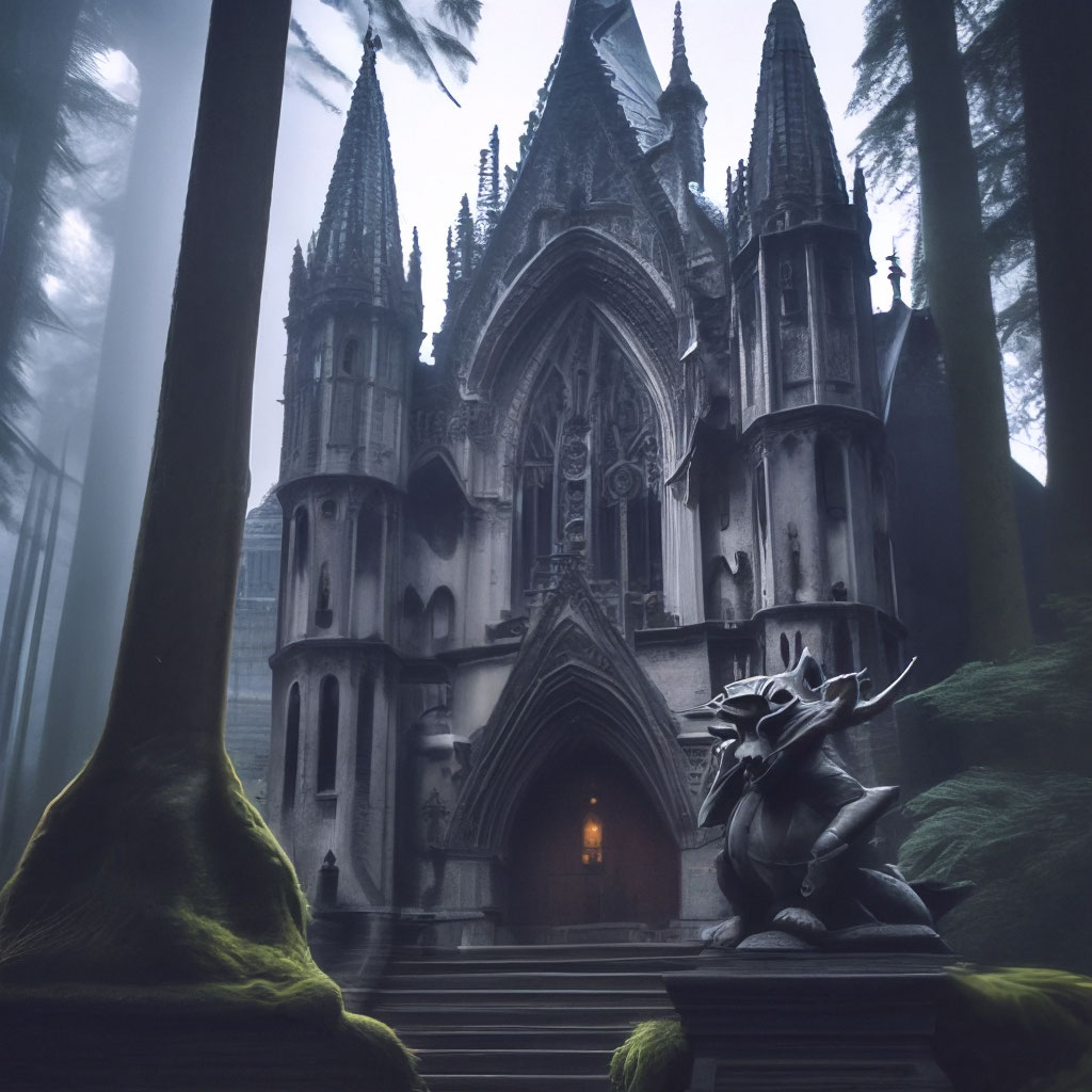 "Magical gothic building with gargoyles in deep dark forest, aesthetic, …" — image created in ...